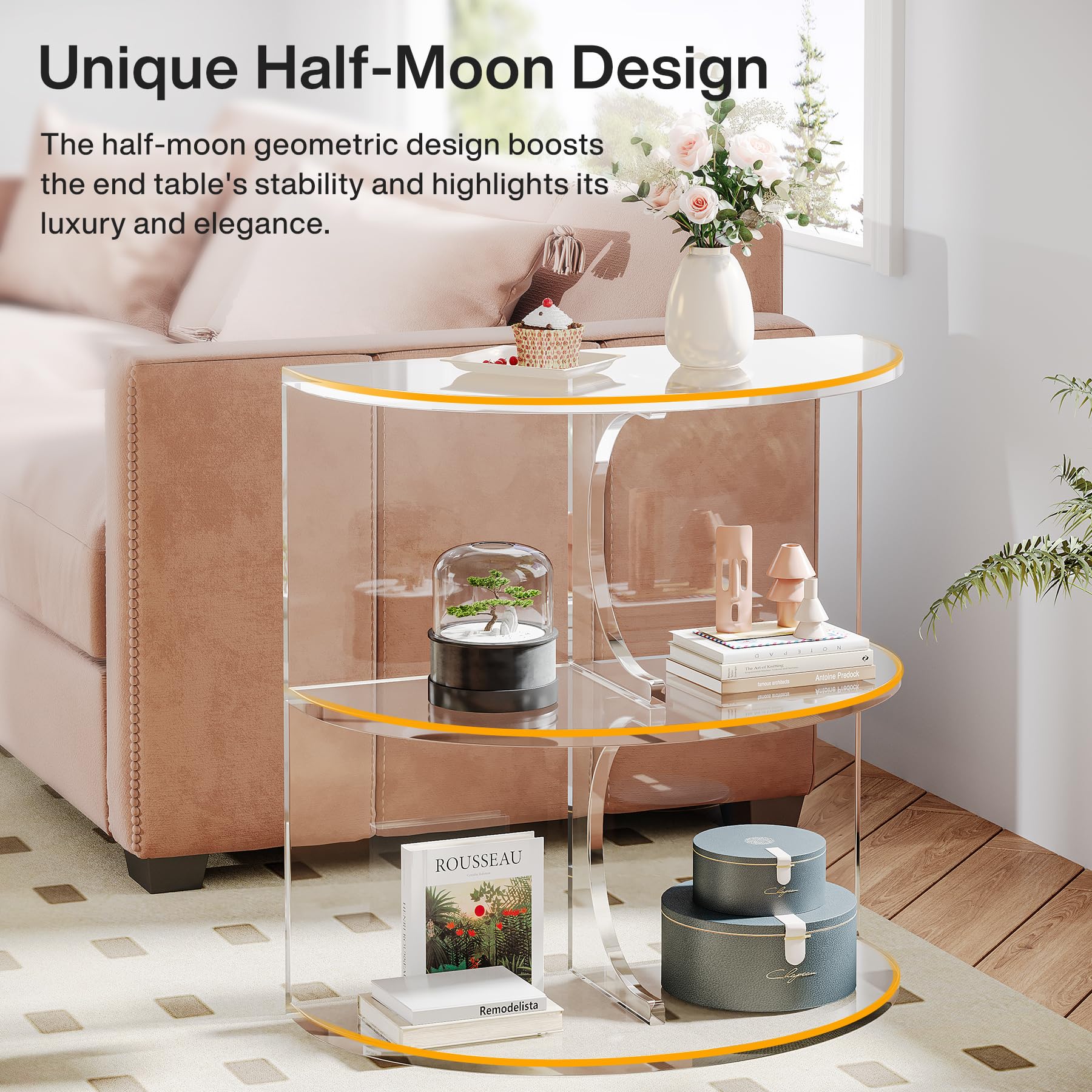 Tribesigns Clear Acrylic End Table, No Assembly Half Round Side Table with Storage, Modern 3-Tier Acrylic Nightstand for Bedroom, Living Room, Small Spaces