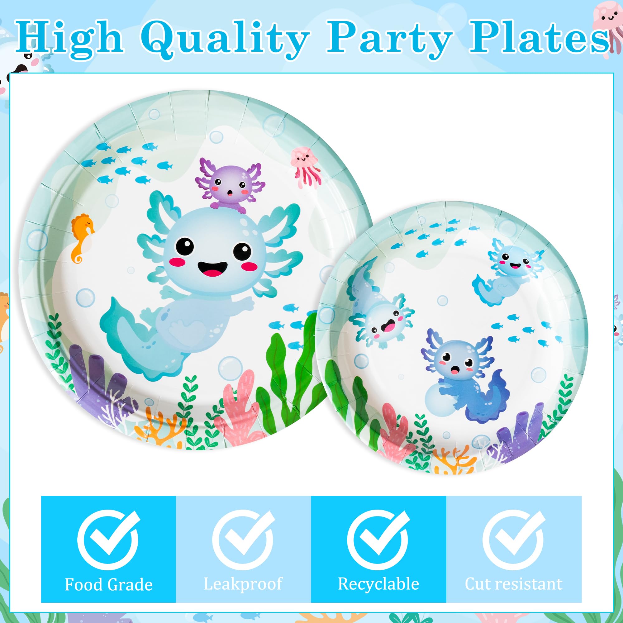 G1ngtar 96Pcs Blue Axolotl Party Plates Supplies - Cute Cartoon Axolotl Party Tableware Decorations Animals Disposable Paper Plates Napkins Forks for Kids Boy Birthday Baby Shower, Serves 24