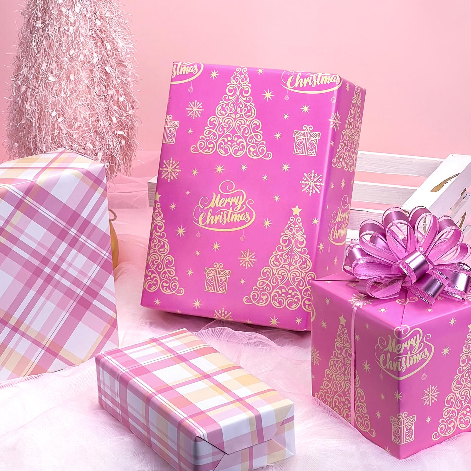 EWES Pink Christmas Wrapping Paper Rolls Cute Kids Reversible Tree Thick Aesthetic Elegant Gift Wrap Sheets Heavy Duty Girls Girly Princess Total 28.5sq.ft