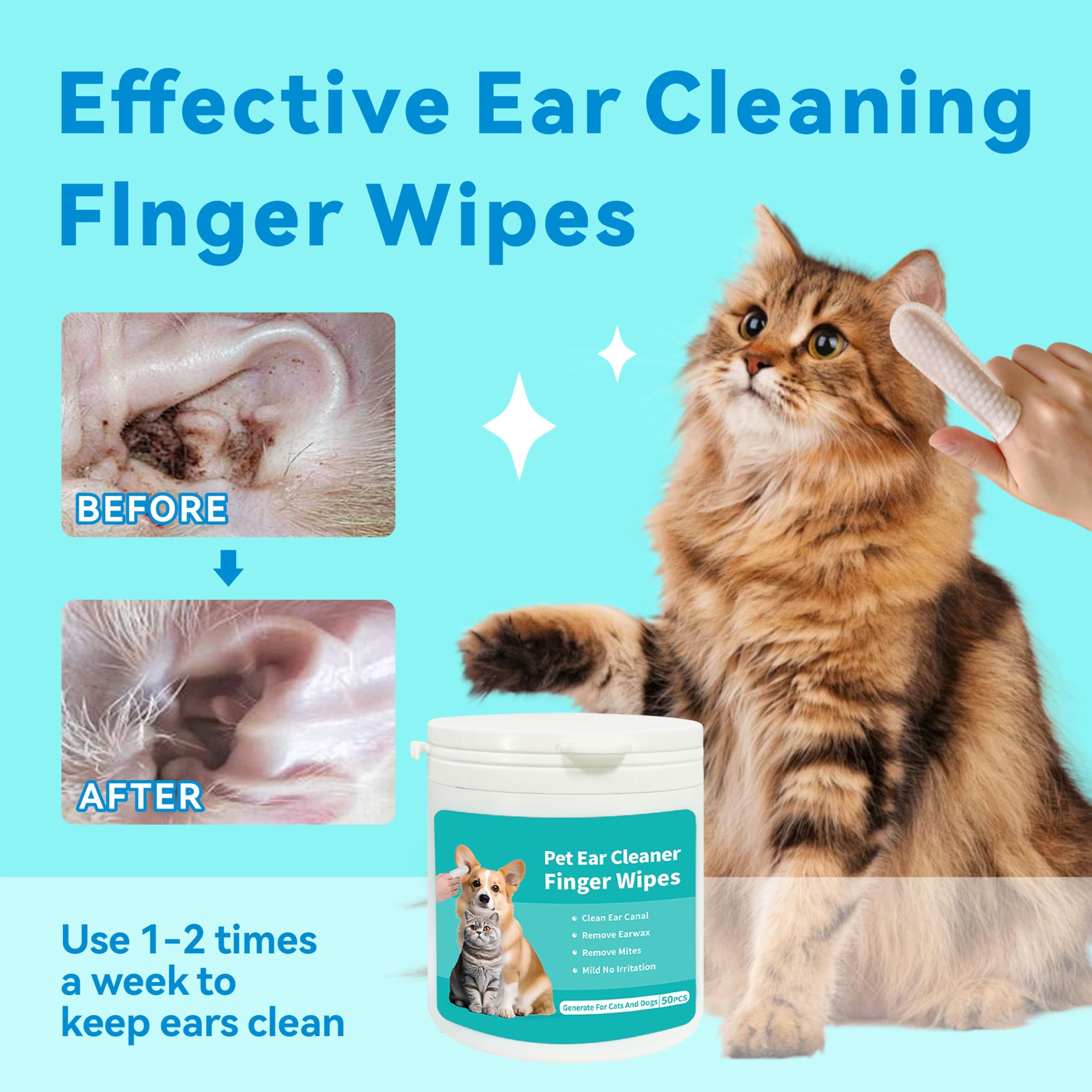 YUVEXAHOO Dog Ear Cleaner—cat Ear Cleaner，Pet Ear Finger Wipes for Easy Earwax Removal，Relieve itching and Inflammation, 50 Count