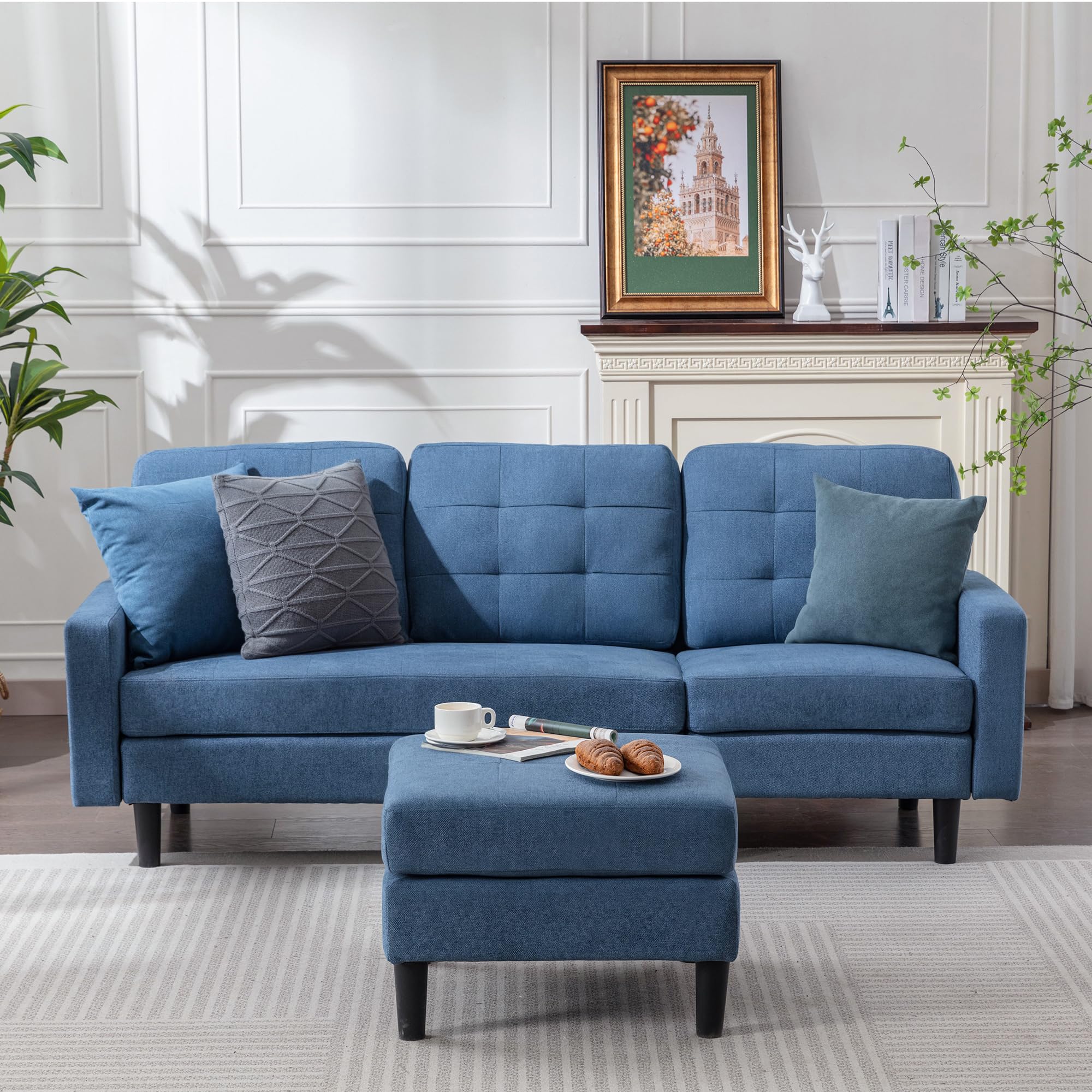 VECELO Convertible Sectional Sofa, Modern Linen Fabric L-Shaped Couch with Reversible Chaise for Living Room/Apartment/Office, Blue