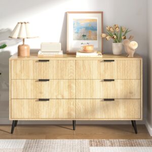 6 drawer double dresser for bedroom, modern dressers chest of drawers with fluted panel, wide wood storage dresser organizer, dresser tv stand for bedroom, living room (6drawer-wood-wu)