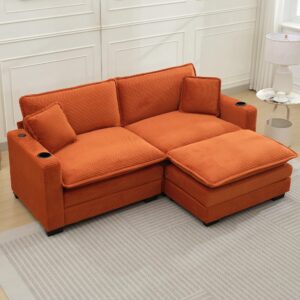 gnixuu 82.7" l shaped sectional couch with usb port & cup holders, cloud 2-seat loveseat sofa with ottoman, comfy corduroy modular sofa for small living room, apartment, office.orange