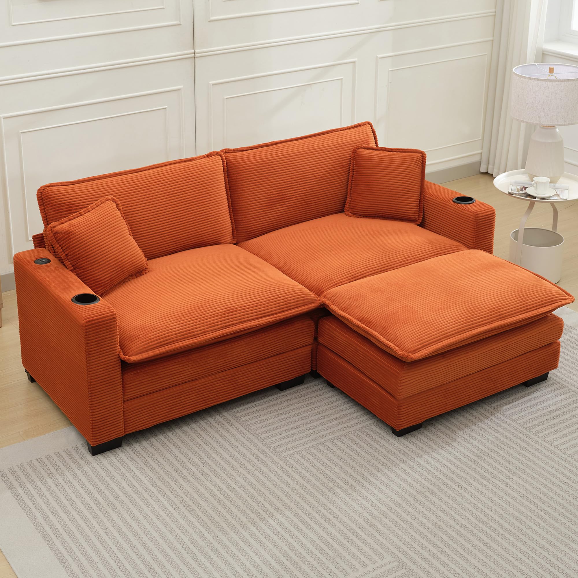 GNIXUU 82.7" L Shaped Sectional Couch with USB Port & Cup Holders, Cloud 2-seat Loveseat Sofa with Ottoman, Comfy Corduroy Modular Sofa for Small Living Room, Apartment, Office.Orange