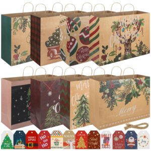 woric 16 extra large christmas gift paper bags with handles, 48 christmas gift tags, 20x15x7 inch large xmas gift bags for wrapping presents party supplies stocking stuffers