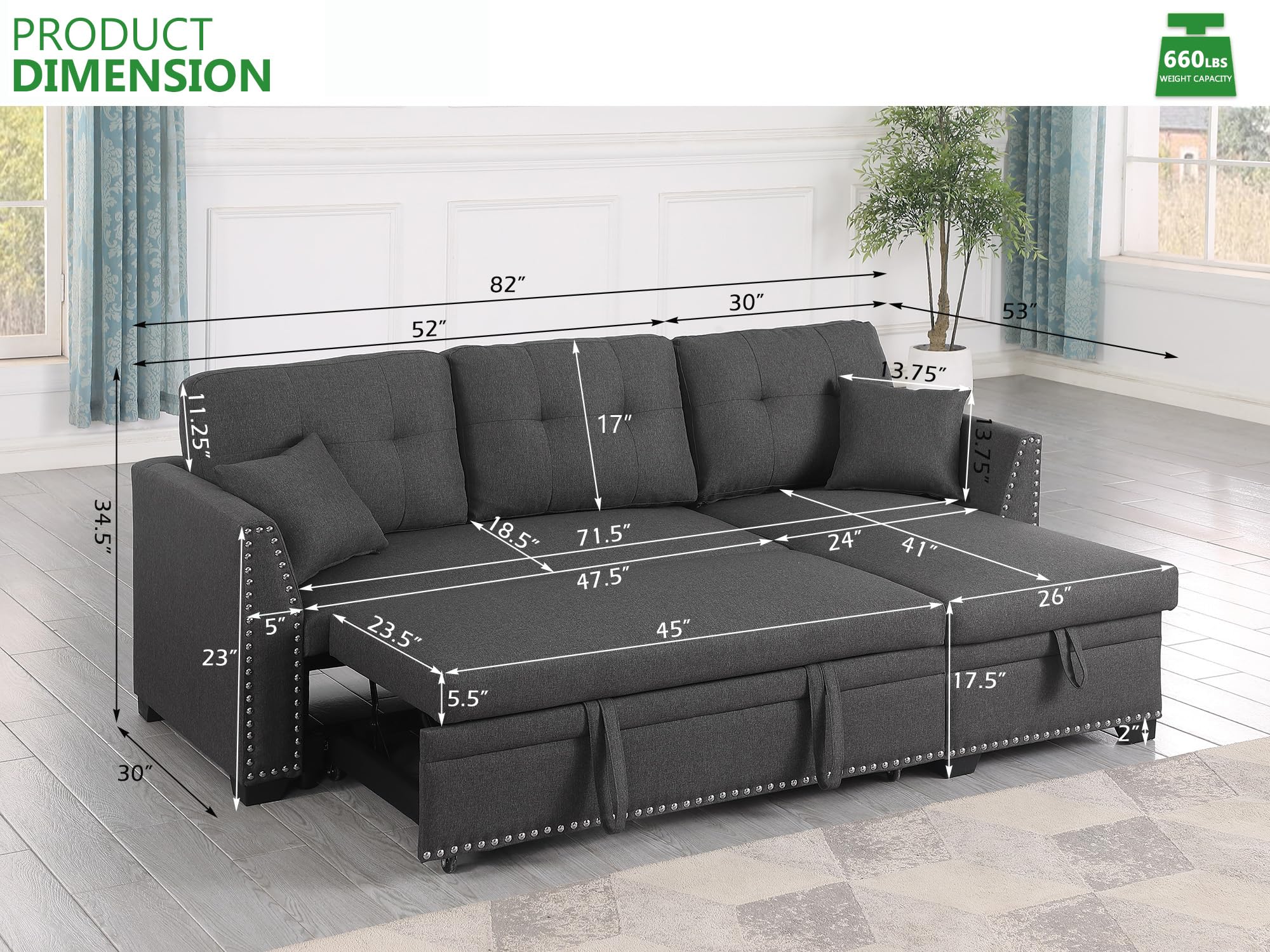 BEEY Convertible Sleeper Sofa Bed, 82" Small Sectional Sofa with Storage Chaise for Small Spaces, L Shaped Couch with Pull Out Bed for Bedroom, Living Room (Dark_Grey)