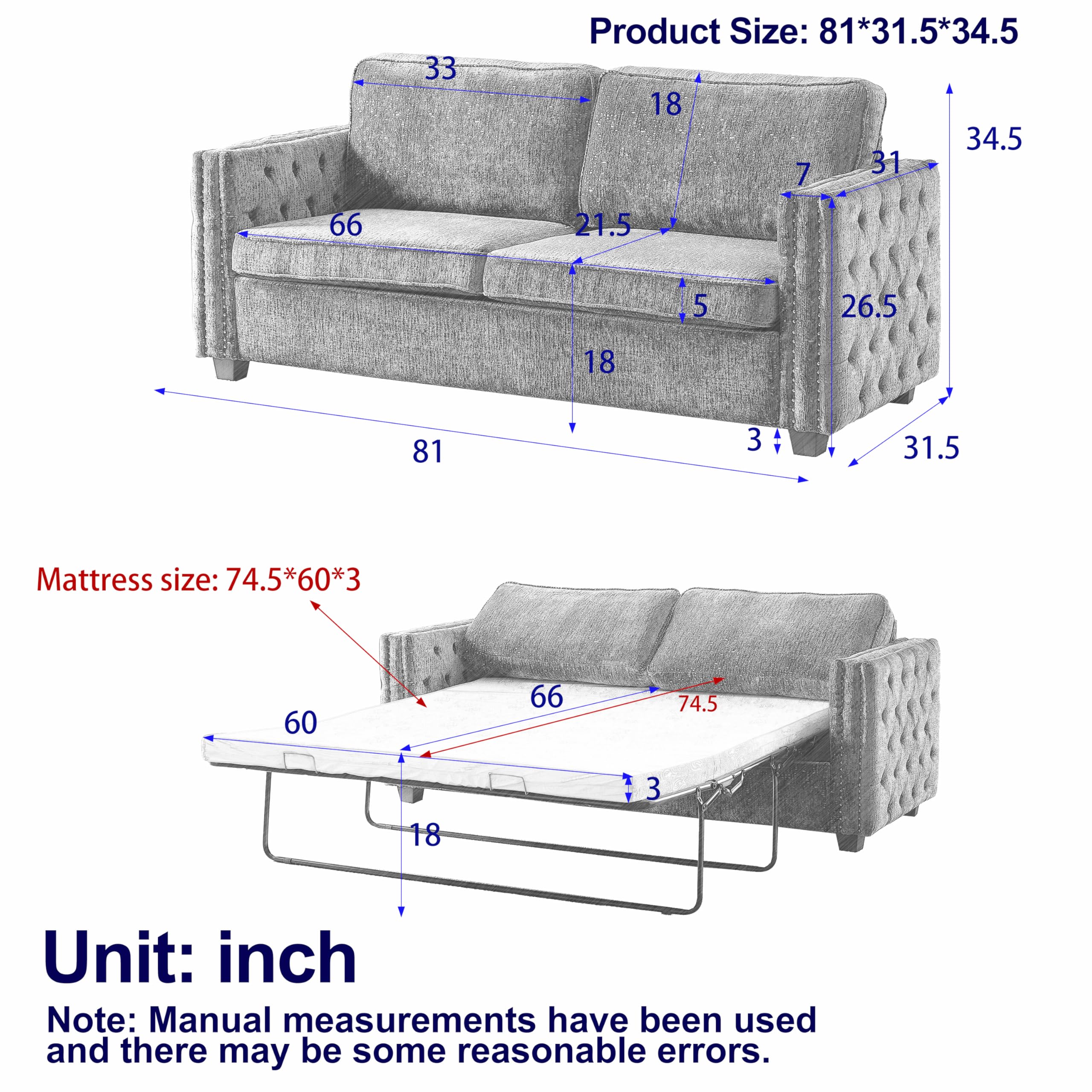 SmartEdge Pull Out Sofa Bed, 2-in-1 Convertible Full Sleeper Sofa Couch with Memory Foam Mattress, Chenille Upholstered Loveseat 3 Seater Full Sofabed Couches for Living Room, Apartment, Grey