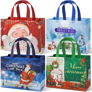 Bszatan Christmas Gift Bags,Christmas Tote Bags with Handles, Christmas Treat Bags, Multifunctional Non-Woven Christmas Bags for Gifts Wrapping Shopping, Xmas Party Supplies, 13"×9.8"×6.6", 4 Pack