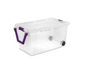 generic 2pcs 40 gallon industrial tote plastic storage bins wheeled large storage box set, clear and purple