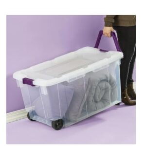 Generic 2PCS 40 Gallon Industrial Tote Plastic Storage Bins Wheeled Large Storage Box Set, Clear And Purple