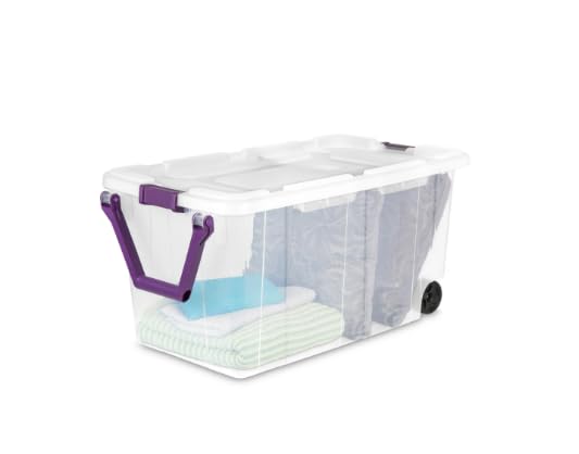 Generic 2PCS 40 Gallon Industrial Tote Plastic Storage Bins Wheeled Large Storage Box Set, Clear And Purple