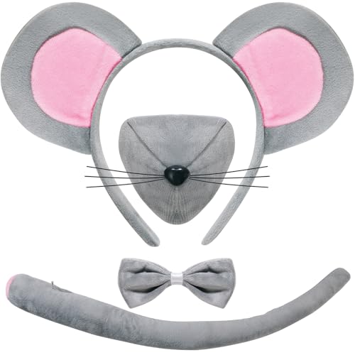 CASW Mouse Costume Ears-Headband-Tail-Nose-Bow-Tie Accessories Set : Standing Up Grey and Pink Ears Headband and Tail, Bow Tie Mouse Halloween Accessories Set - for Toddlers and Kids