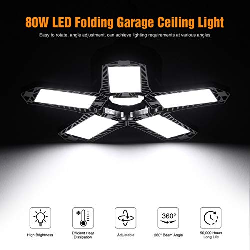 Fuuroottly 2 Pcs LED Five Leaf Garage Light Garage Ceiling Lamp 8000LM Deformation Basement Adjustable High Bay Light 80W & 100W