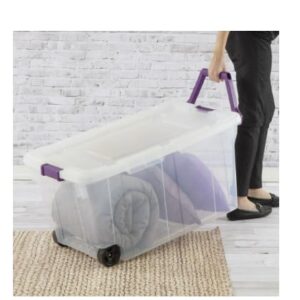 Generic 2PCS 40 Gallon Industrial Tote Plastic Storage Bins Wheeled Large Storage Box Set, Clear And Purple