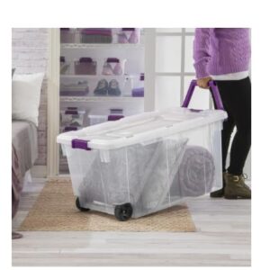 Generic 2PCS 40 Gallon Industrial Tote Plastic Storage Bins Wheeled Large Storage Box Set, Clear And Purple