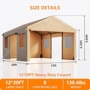 SANWAY 12'x20' Heavy Duty Carport with Removable Sidewalls & Doors, Portable Garage with Roll-up Ventilated Windows, Beige