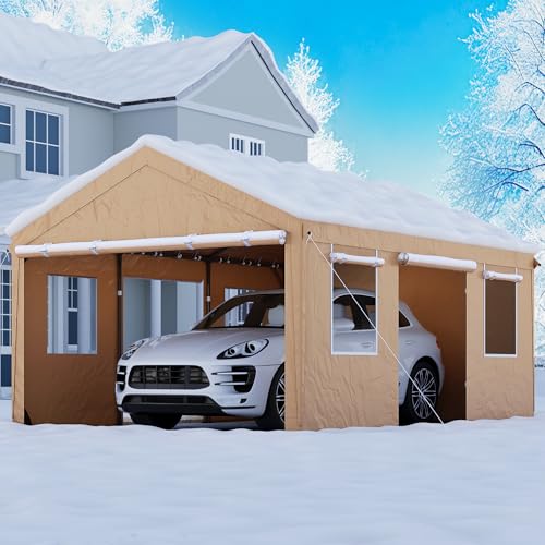 SANWAY 12'x20' Heavy Duty Carport with Removable Sidewalls & Doors, Portable Garage with Roll-up Ventilated Windows, Beige