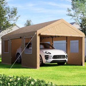 sanway 12'x20' heavy duty carport with removable sidewalls & doors, portable garage with roll-up ventilated windows, beige