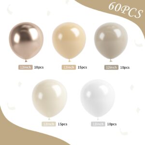 White Sand Balloons Set, 60 Pcs 12 Inch Double Stuffed Beige Boho Balloons with Metallic Chrome Champagne Nude Neutral Cream Balloon for Wedding Bridal Baby Shower Birthday Party Decorations