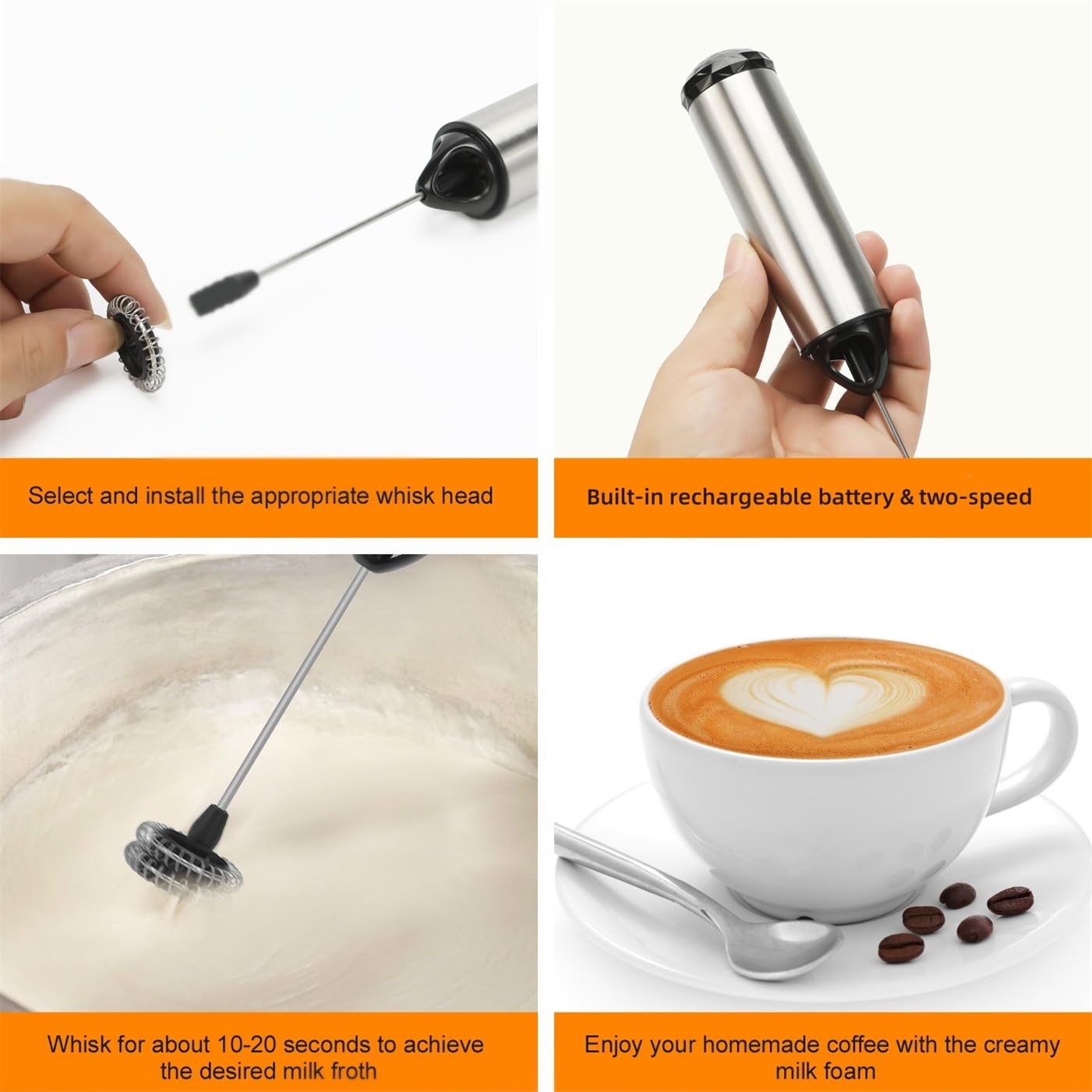 Milk Frother Rechargeable Handheld - Electric Whisk/Frother Wand for Coffee, Matcha, Latte, Cappuccino