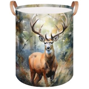 kizmoglux watercolor deer forest round laundry basket, large clothes hamper with leather handle, collapsible laundry hamper storage bin for home dorm office