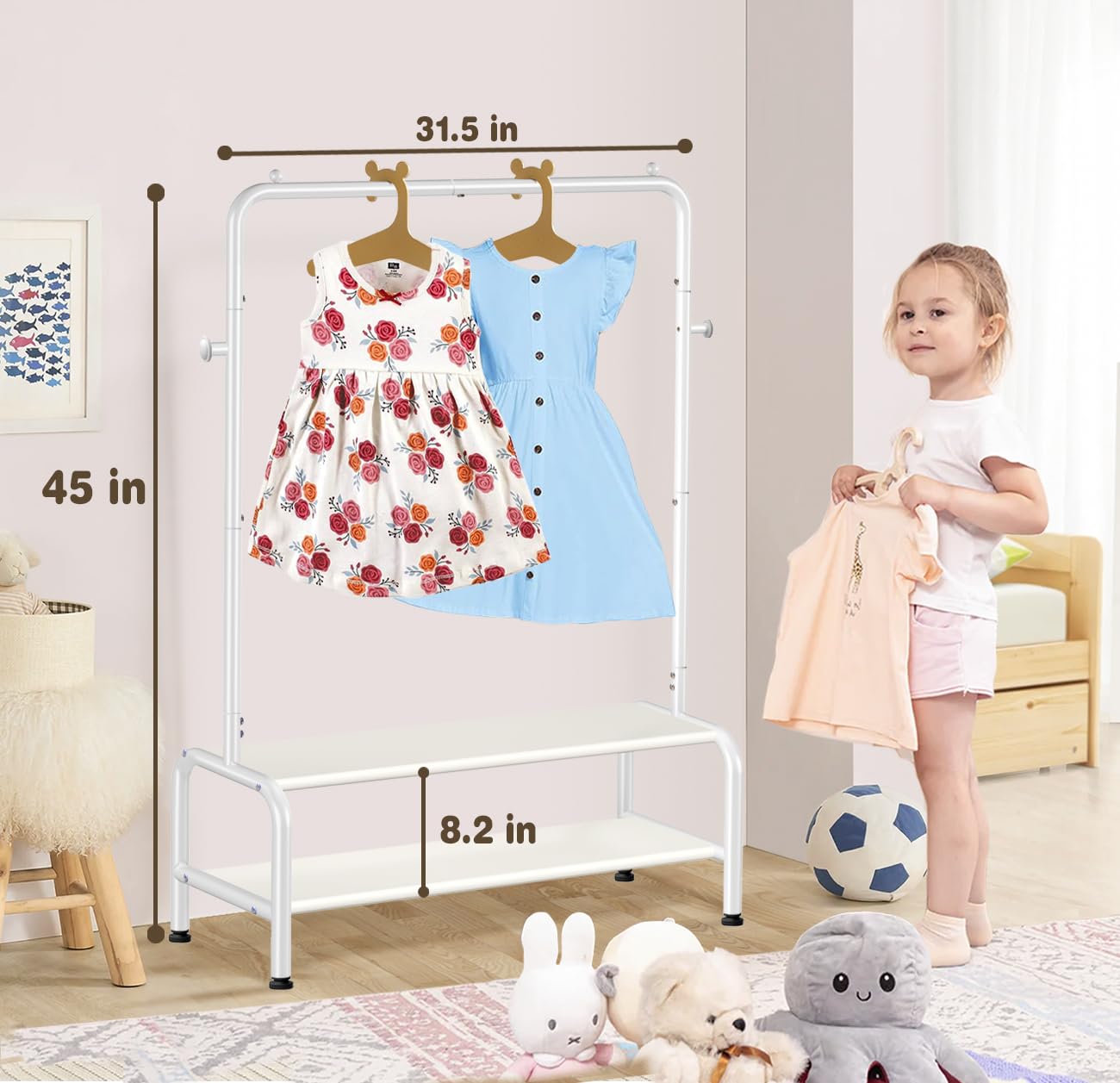 Kids Clothing Rack - Kids Dress Up Clothes Storage Racks - Baby Toddler Clothes Rack - Small Kids Costume Wardrobe Rack with 2 Fabric Floors Storage Shelf - Mini Short Kids Clothing Garment Rack