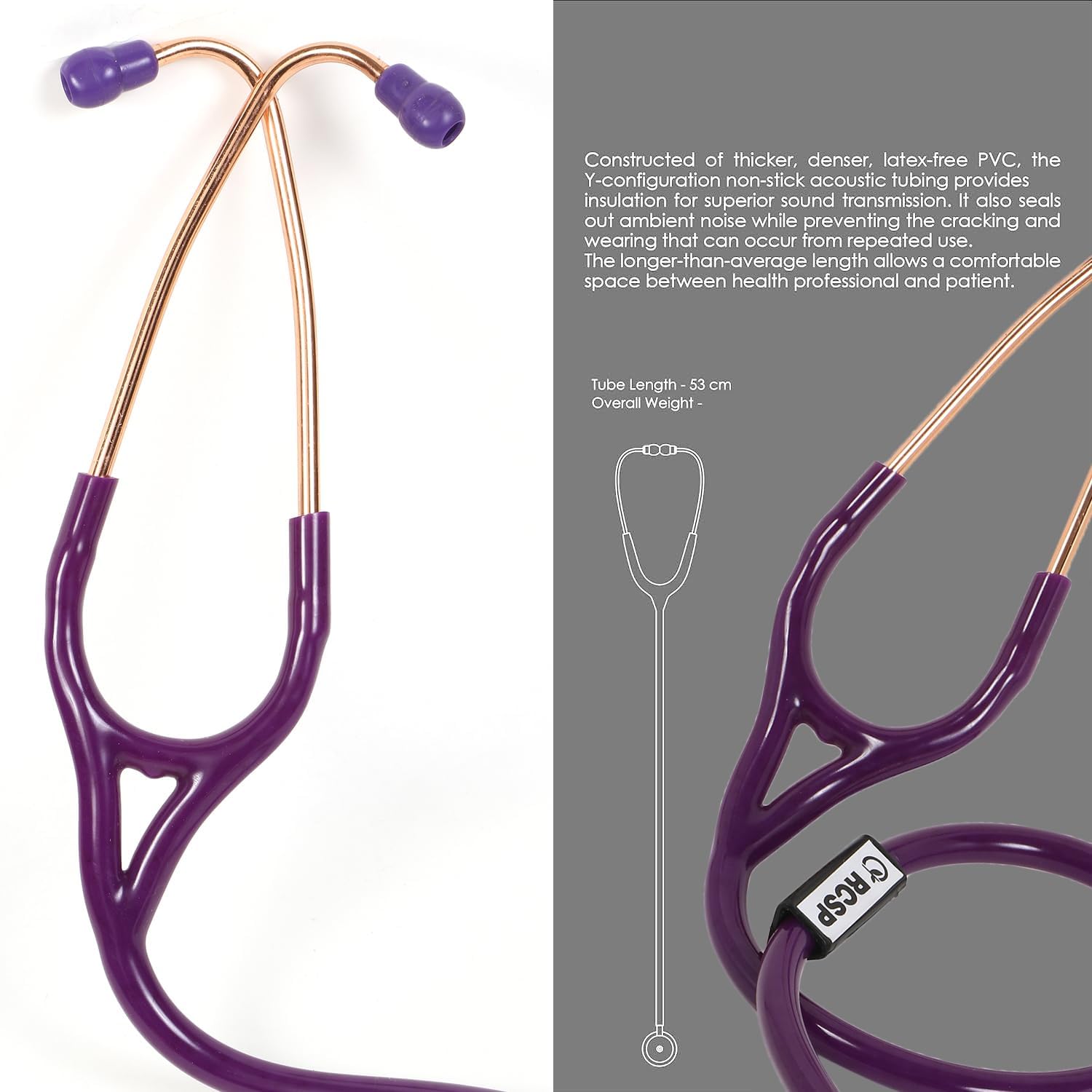 RCSP Cardio Stethoscope for Doctors and Nurses, Lightweight Chest Piece, Flexible Jointless Tube, Soft Ear Knobs, Rose Gold, Single Head Brass (PURPLE)