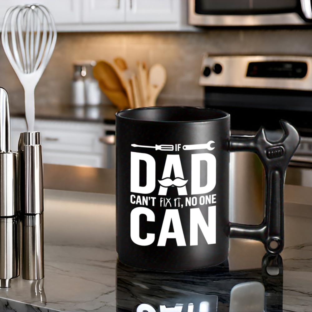 LOZACHE Dad Coffee Mug with Wrench Handle, Funny Dad Birthday Gifts from Daughter and Son for Father Papa Daddy Christmas, Father's Day, If Dad Can't Fix It NO one Can Cup