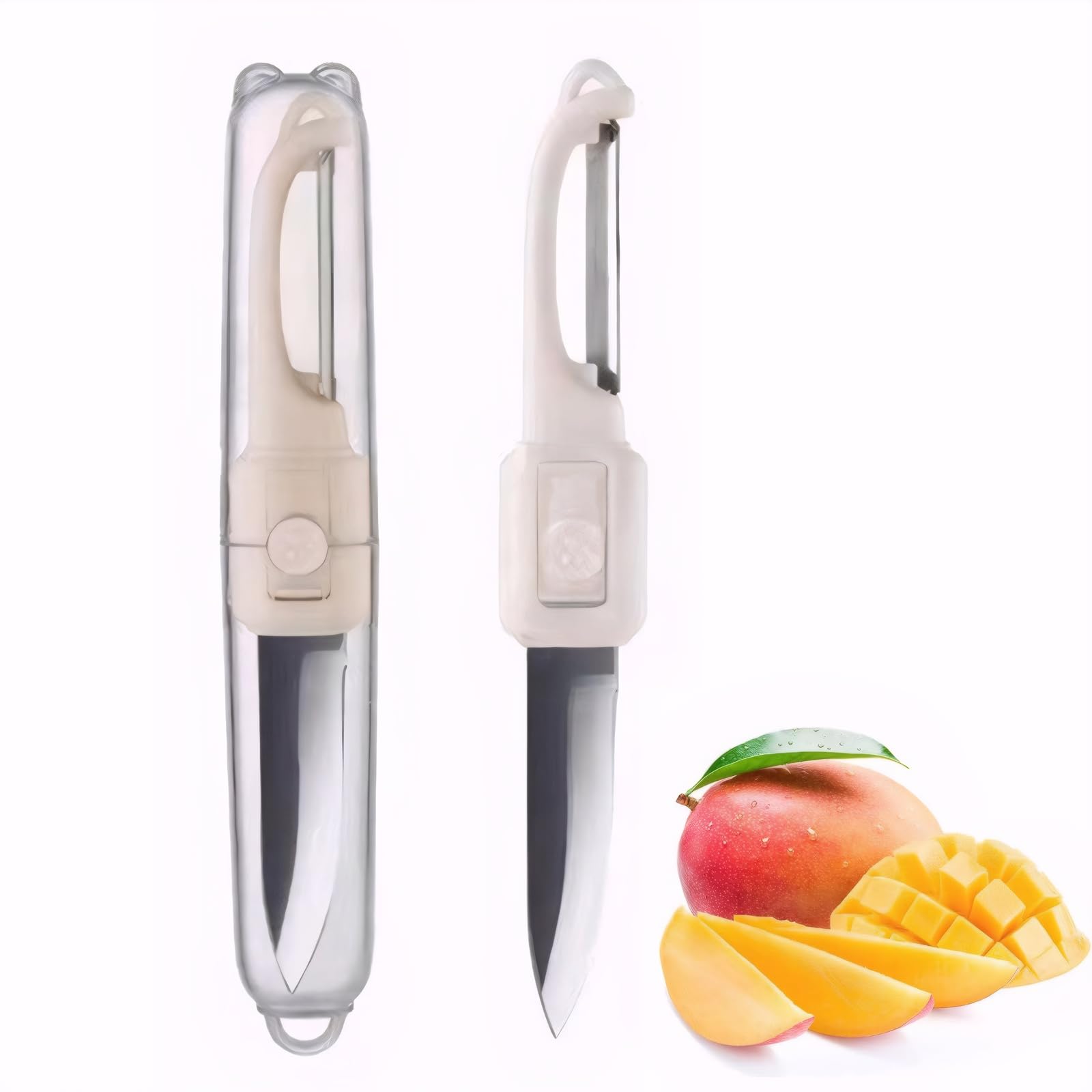 Multifunctional 2-in-1 Fruit Knife, Stainless Steel Fruit Knife with Built-in Peeler and Protective Case, Suitable for Picnics, Camping and Travel. (White)