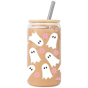 lovearth boho ghost iced coffee cup, 16oz halloween glass cup with lid and straw, ghost daisy coffee tumbler, fall cup, spooky gifts, halloween lover gifts, boo basket stuffers for women, teens