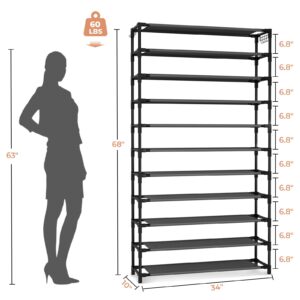 VILICK 11 Tiers Tall Wide Shoe Rack 55 Pairs Large Capacity Sturdy Durable Shoe Rack for Closet Metal Shoe Organizer Shelf with Two Hooks Space Saving for Entryway Black