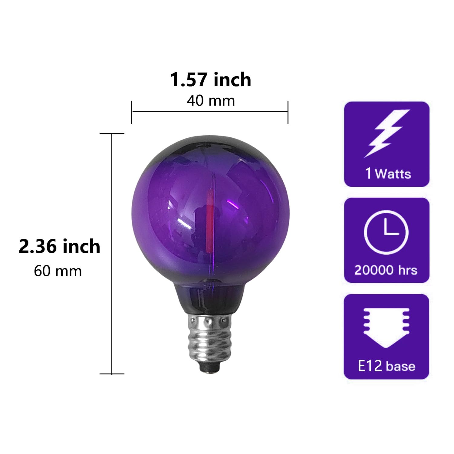 ZHZHLED Dark Purple Light Bulbs Plastic 1 Watt G40 LED Replacement Bulbs for Indoor Outdoor String Lights, Shatterproof Waterproof E12 Base Filament Edison Christmas Halloween Light Bulbs,15 Pack