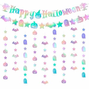 iridescent happy halloween party-decorations banner - 8pcs hanging streamers garland,bat ghost pumpkin ceiling outdoor indoor wall decor party props,porch room scary supplies hugtmr