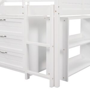 Kids Twin Loft Bed with Slide and Storage Cabinet, Low Loft Bed Frame with Drawers and Book Shelves, Wooden Twin Size Loft Beds for Kids Teens,Boys Girls, No Spring Box Needed (Twin, White)