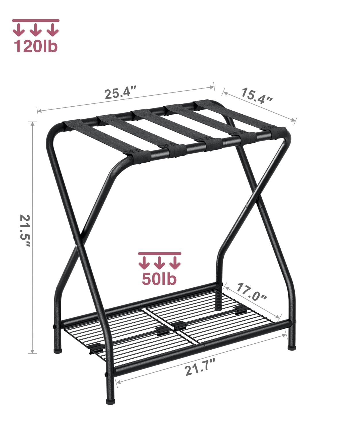 NEFROM Luggage Rack Pack of 2, Foldable Suitcase Stand with Storage Shelf, Metal Luggage Holder for Guest Room, Bedroom, Hotel LR-BK-2