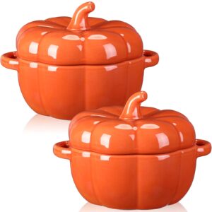 hushee 2 pcs pumpkin ceramic soup bowls thanksgiving dutch oven pot with lid 14.2 oz double ear casserole cookware dish pot for thanksgiving autumn fall harvest party baking cooking supplies