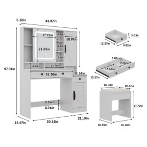 Fameill Vanity Desk with Mirror and Lights, Makeup Vanity Desk with Power Outlet, 2 Drawers & Storage, Vanity Table with Chair & Jewelry Cabinet, for Bedroom (White)