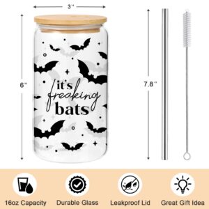 Lovearth Halloween Bats Cup, Gothic Bat Iced Coffee Cup, 16oz Halloween Glass Cup with Lid and Straw, Spooky Gifts, Cute Halloween Gifts for Women, Men, Bat Lovers, Gifts for Halloween Lovers