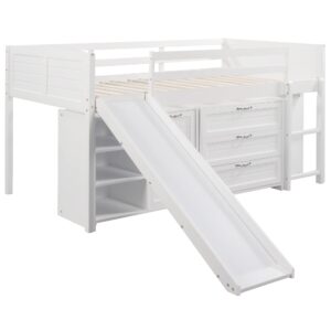 Kids Twin Loft Bed with Slide and Storage Cabinet, Low Loft Bed Frame with Drawers and Book Shelves, Wooden Twin Size Loft Beds for Kids Teens,Boys Girls, No Spring Box Needed (Twin, White)