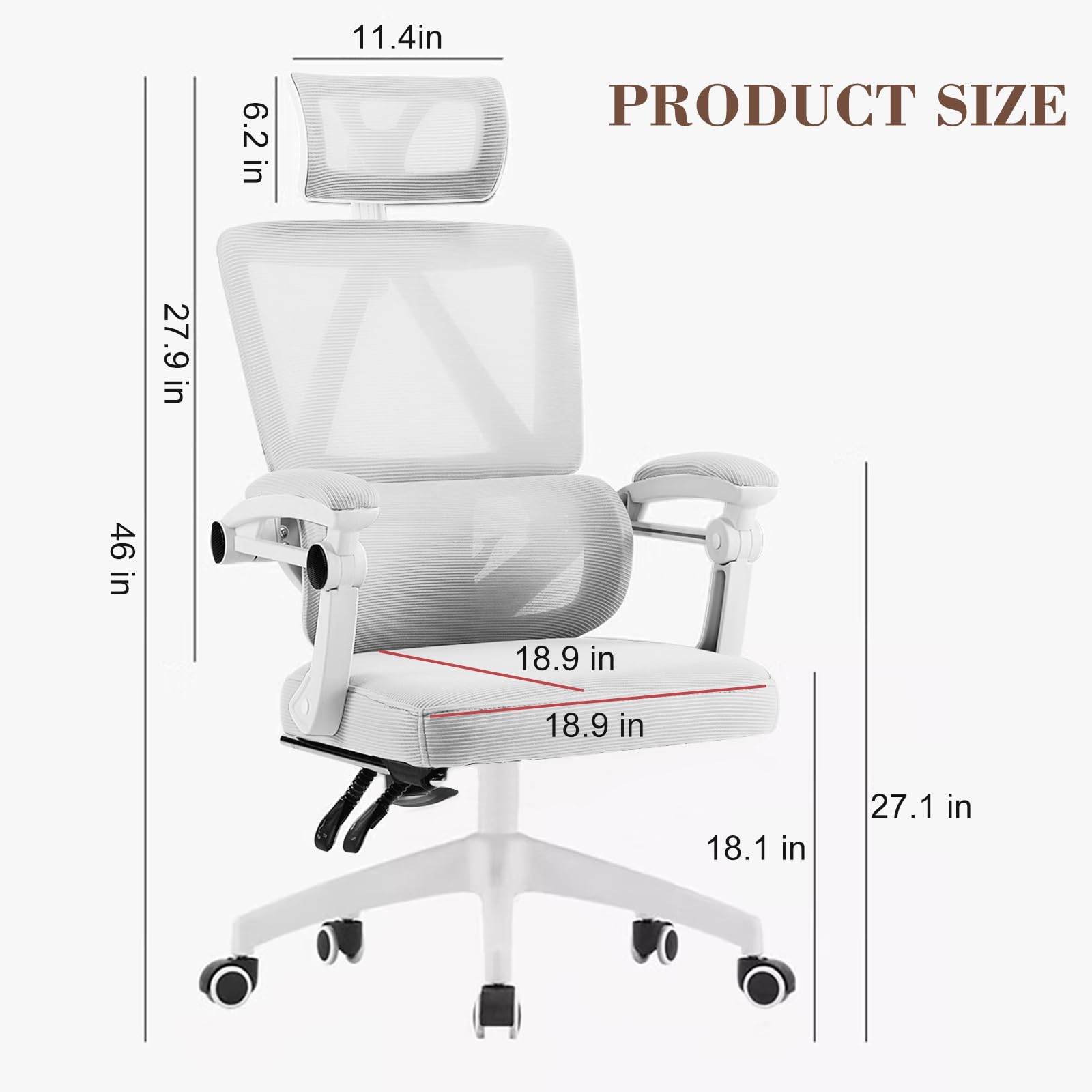 HDHNBA Ergonomic Home Office Chair Work Swivel Chairs with Wheels, Breathable Mesh Back Gaming Chair Adjustable Headrest White Desk Chair