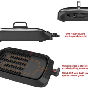 ADDIS Smokeless Indoor Electric Grill with Tempered Glass Lid and Drip Pan 1500W M-Shaped Heating Element and Non-Stick Coating, Stainless Steel