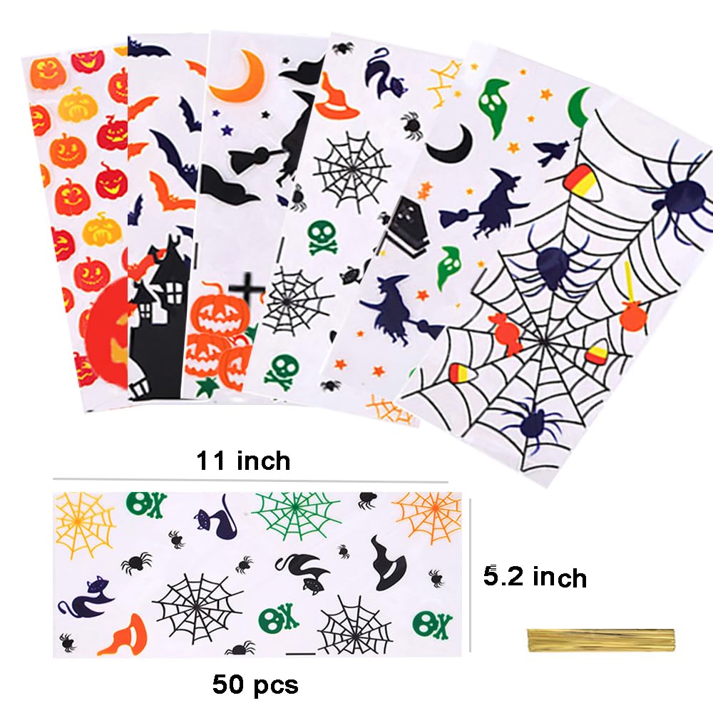 GBSAWER 50 PCS Halloween Cellophane Goodies Bags Trick or Treating Bags for Halloween Candy Party Favors Supplies