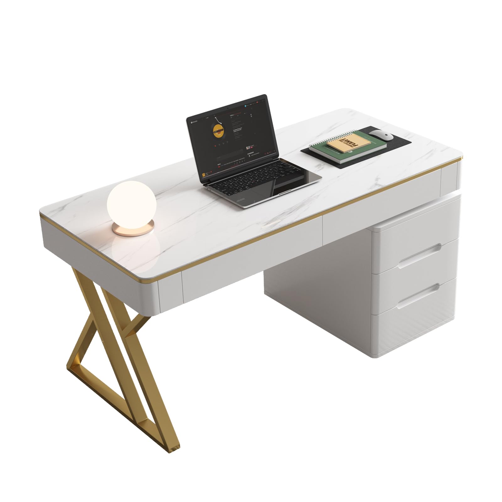 Dongge Wooden Computer Office Desk with Drawers for Home Office - White Gaming Desk with Tempered Glass Top - Thickened Lacquered PC Desk and Writing Desk - Escritorios para Computadoras (Z-105)