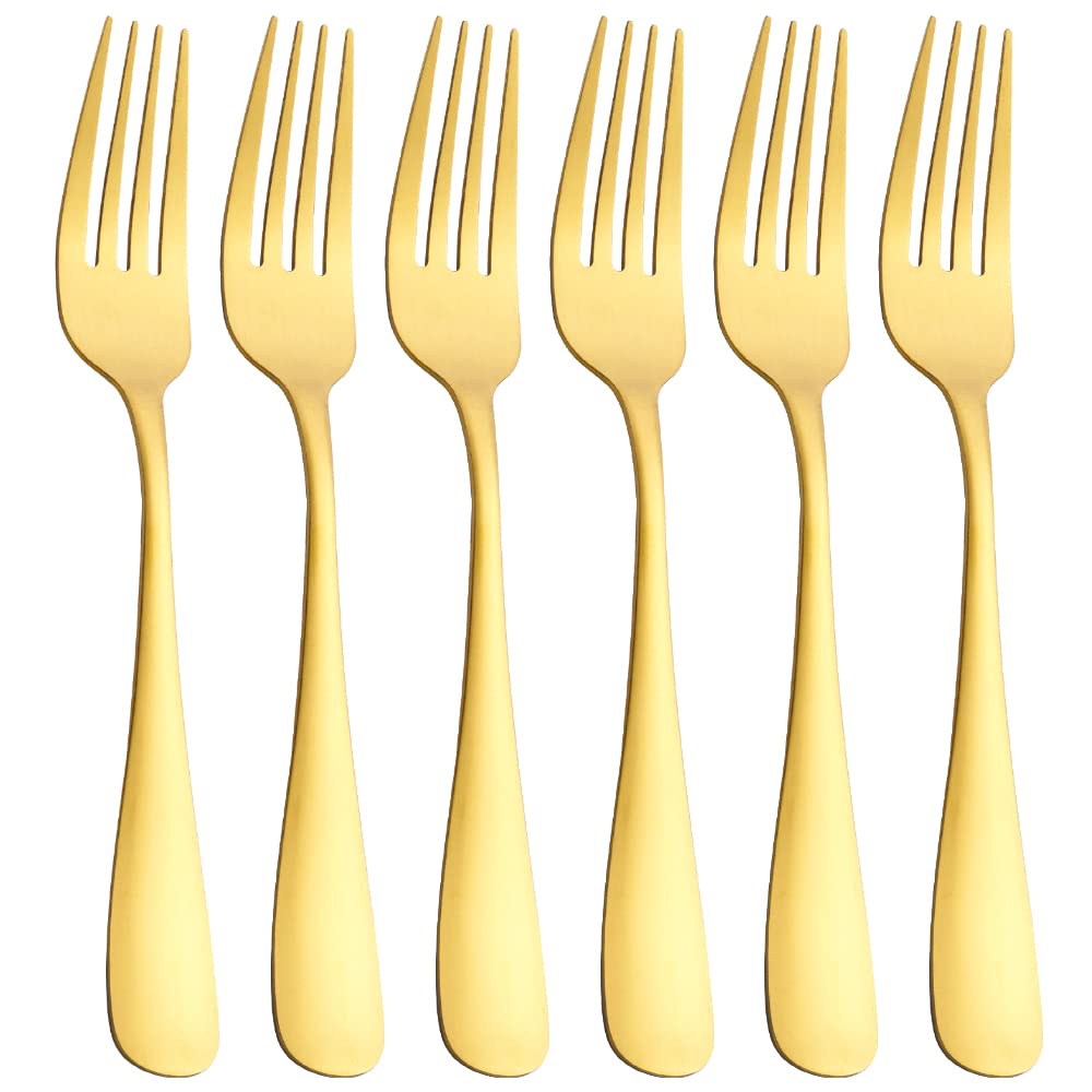 Matte Gold Dinner Fork Set, GoGeiLi 8.0-inch Stainless Steel Satin Finish Fork Silverware, Gold Flatware Table Fork Set of 6, Dishwasher Safe