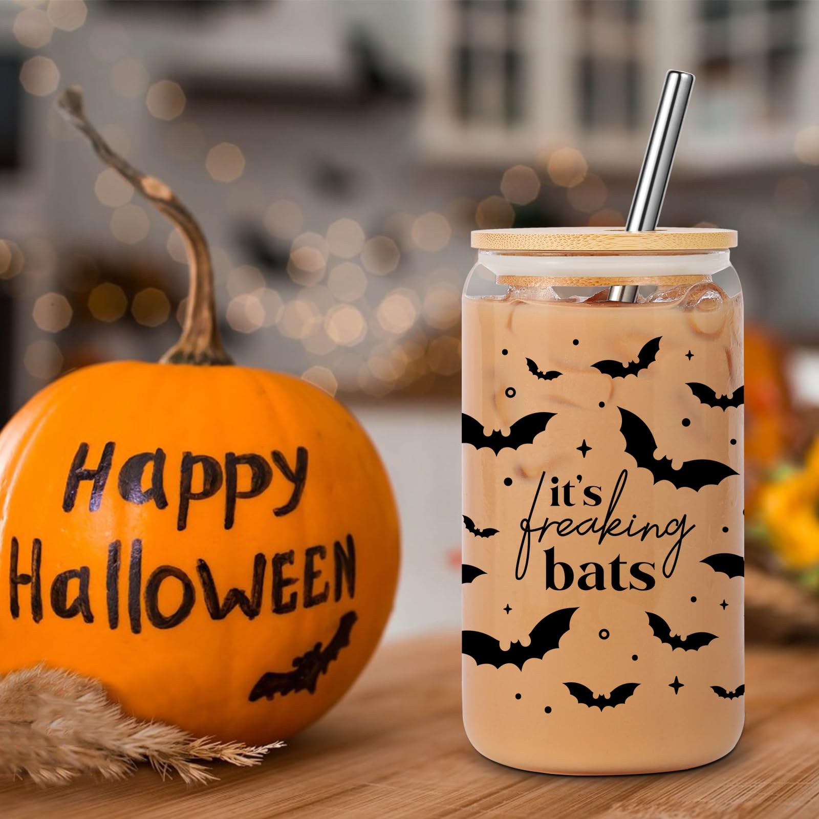 Lovearth Halloween Bats Cup, Gothic Bat Iced Coffee Cup, 16oz Halloween Glass Cup with Lid and Straw, Spooky Gifts, Cute Halloween Gifts for Women, Men, Bat Lovers, Gifts for Halloween Lovers