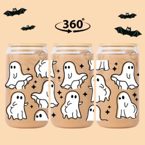 Lovearth Halloween Ghost Glass Tumbler, Cute Halloween Glass Cup with Lid and Straw, 16oz Iced Coffee Cup, Spooky Gifts, Boo Basket Stuffers for Women, Men, Teens, Gifts for Halloween Lovers