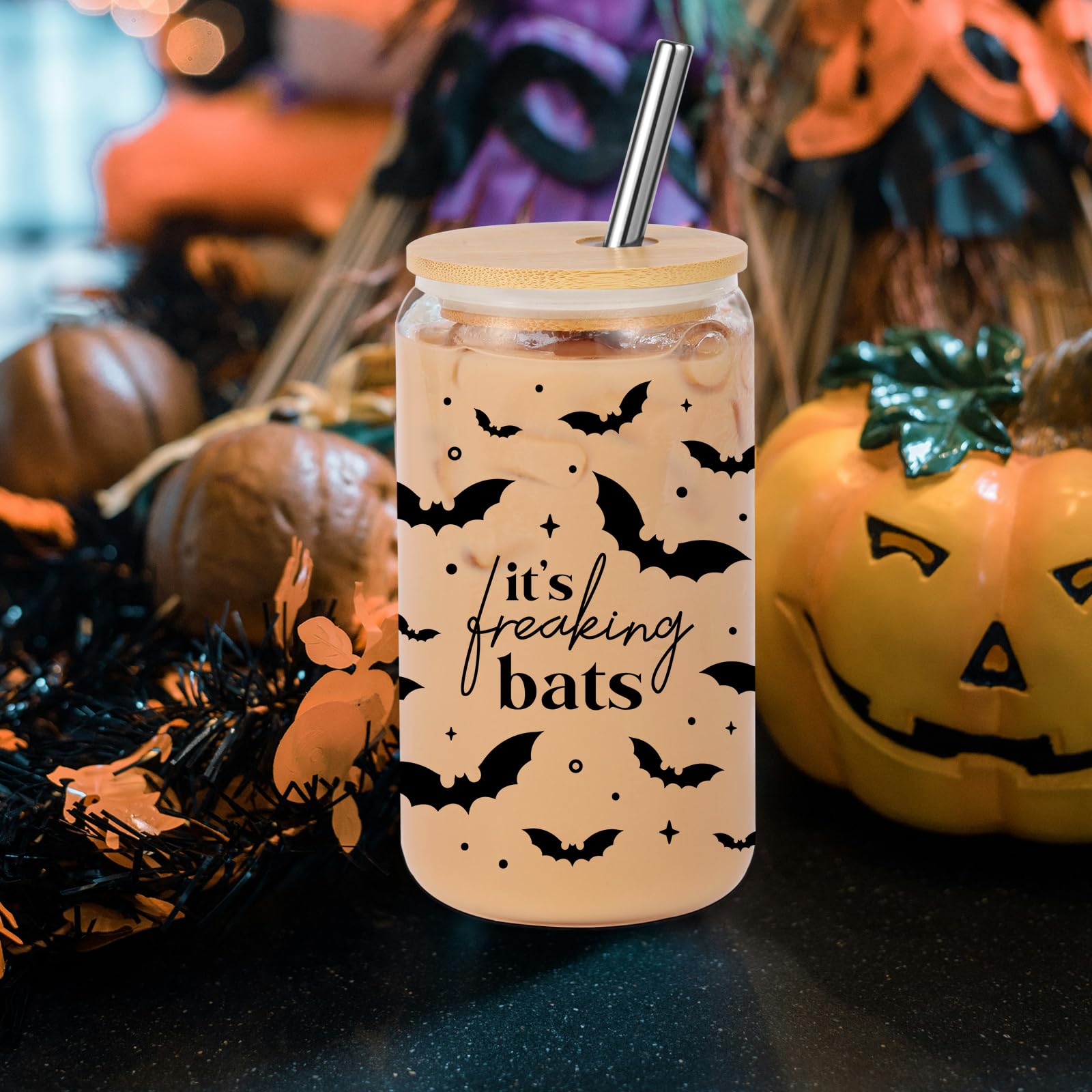 Lovearth Halloween Bats Cup, Gothic Bat Iced Coffee Cup, 16oz Halloween Glass Cup with Lid and Straw, Spooky Gifts, Cute Halloween Gifts for Women, Men, Bat Lovers, Gifts for Halloween Lovers