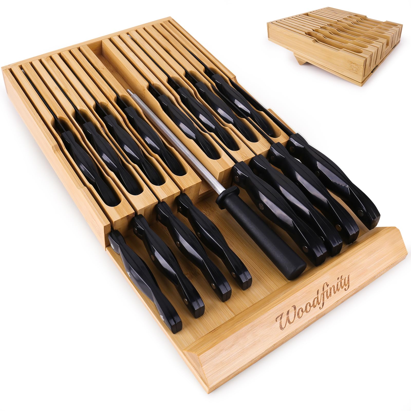 Woodfinity Bamboo Knife Drawer Organizer, Knife Drawer Organizer Insert, Kitchen Drawer Knife Holder for 12 Knives and and 1 Sharpening Steel (Without Knives)