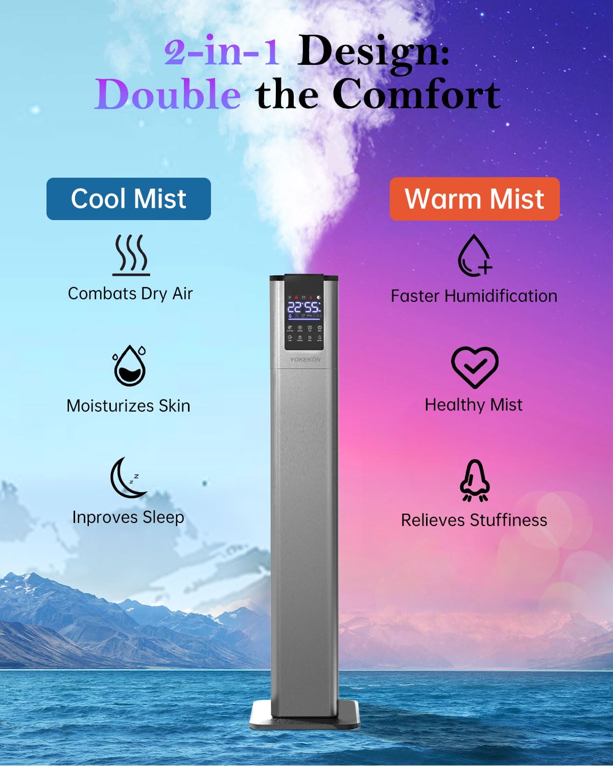 YOKEKON Cool and Warm Mist Humidifier Large Room, 3.4Gal Whole House Humidifiers for Home Bedroom1000 sq ft, Top Fill, 3 Mist Modes, 12H Timer, Aroma Box, Baby Yoga Plants, Silver