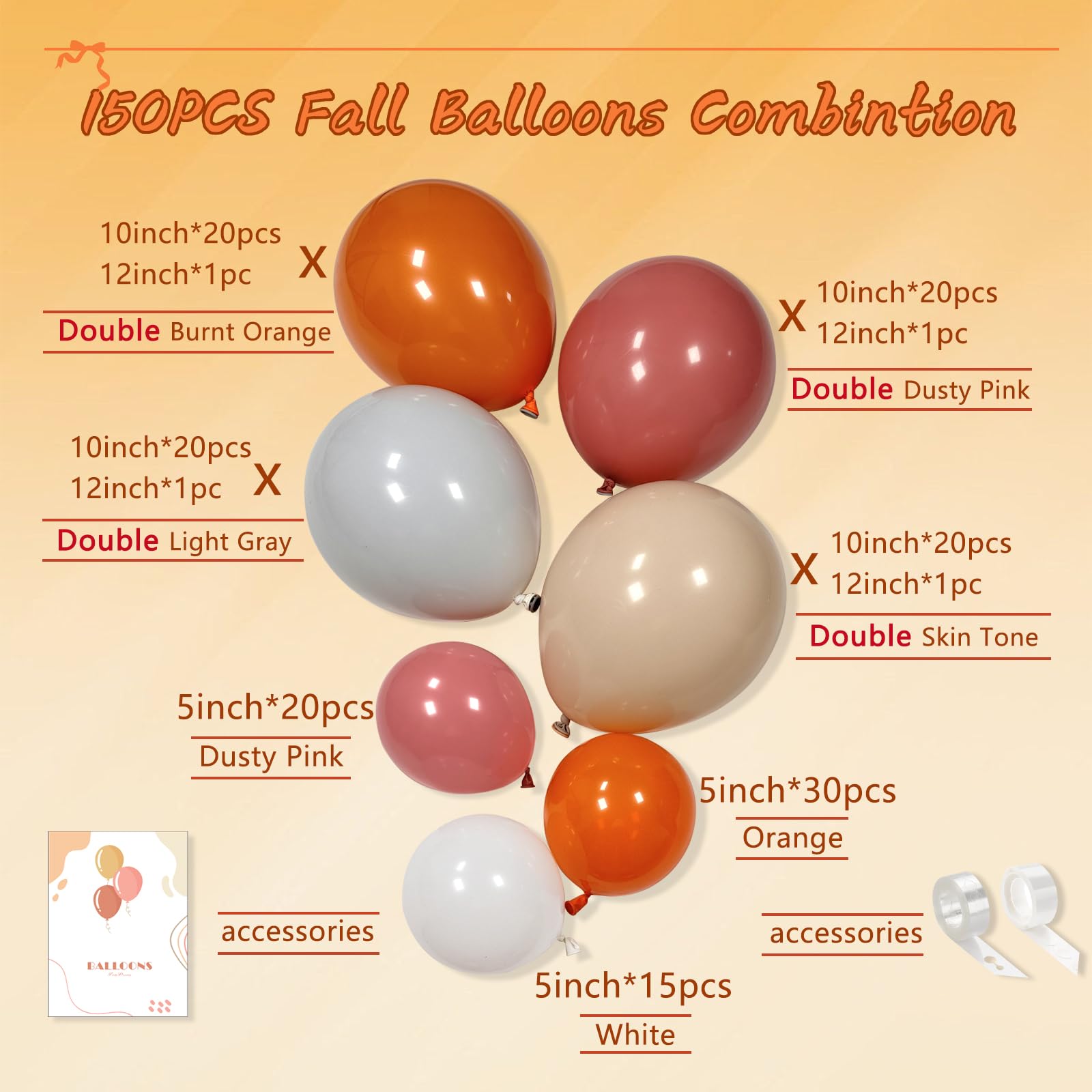 Fall Balloons Garland Arch Kit-148PCS Double Stuffed Burnt Orange Cream Peach Balloons Arch Kit in Different Sizes for Baby Shower Bridal Shower Fall Themed Thanksgiving Birthday Party Decorations.